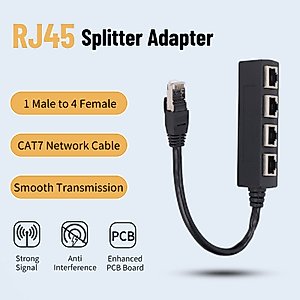 Zhiyavex RJ45 Splitter Adapter,1 to 4 Port Smooth Transmission Excellent Connection Network Cable Adapter,PCB Board Ethernet Adapter for All Networks, Homes and Offices, Broadband Connections, black