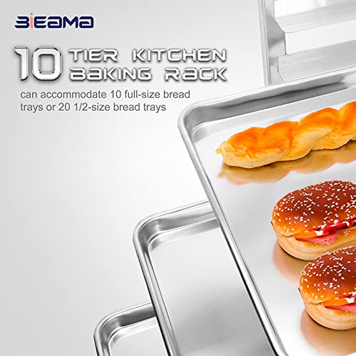 BIEAMA 10-Tier Sheet Pan Rack, Bun Pan Rack, Aluminum Bakery Rack, Home Commercial Kitchen Bakery Cooling Rack, 4 Wheels