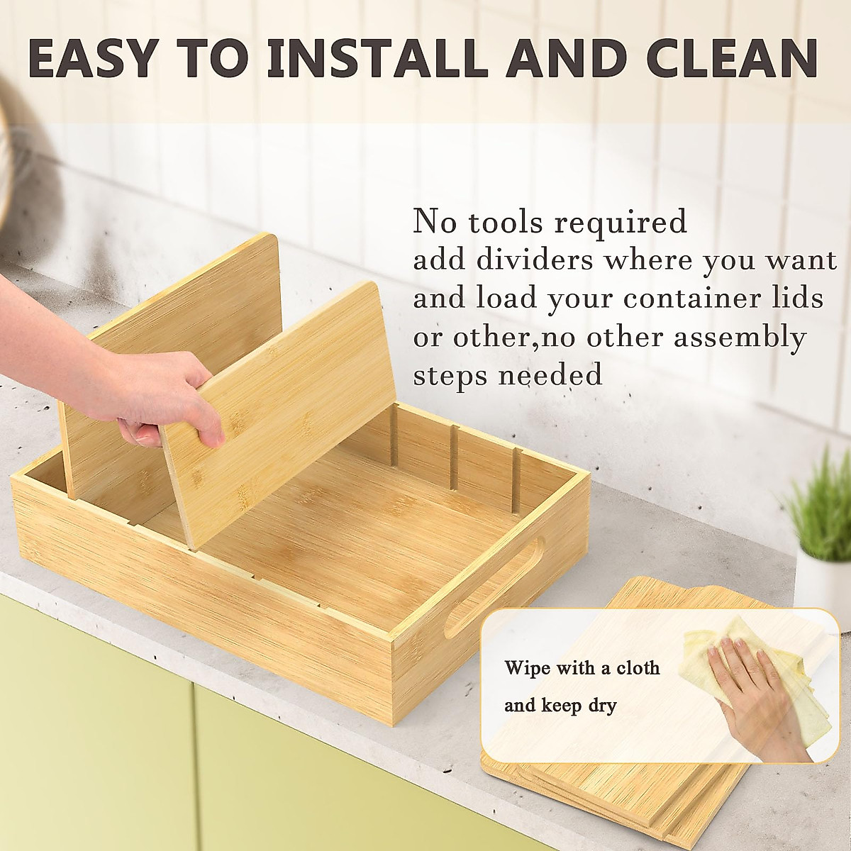 Retro Shaw Bamboo Food Container Lid Organizer for Cabinet & Drawer,Kitchen Cabinet Organizer with 5 Adjustable Dividers for Plastic Lid Storage and Holder,Fit for Kitchen,Home,RVs,Campers,Pantry etc