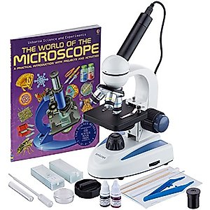 AmScope M158C-SP14-WM-E 40X-1000X Biology Science Metal Glass Student Microscope with USB Digital Camera, Slide Preparation Kit and Book