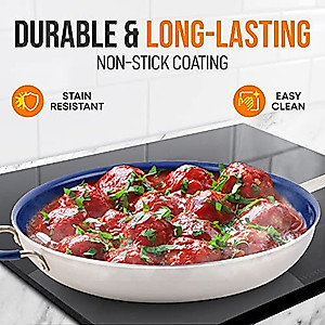 NutriChef 14" Fry Pan With Lid - Extra Large Skillet Nonstick Frying Pan with Silicone Handle, Ceramic Coating, Blue Silicone Handle, Stain-Resistant And Easy To Clean, Professional Home Cookware