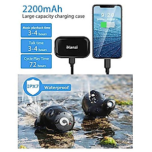 [Updated Version] Wireless Earbuds Bluetooth Headphones IKANZI iPX7 Waterproof 72H Cycle Play Time, 2200mAh Bluetooth 5.0 Auto Pairing Wireless Earphones Bluetooth Headset with Charging (Bright Black)