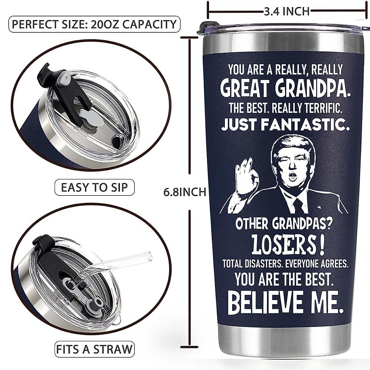 AREOK Gifts for Grandpa Gift, Best Grandpa Ever Gifts - Great Grandpa Christmas Birthday Gifts from Grandchildren Grandson Granddaughter, Grandfather Gift, 20 OZ Grandpa Tumbler Cup, Navy