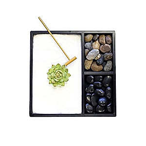 Nature's Mark Mini Zen Garden Kit for Desk with Rake, White Sand, Lotus Figure, 3 Sections Black Square Base, River Rocks and Black Rocks (9Lx9W C)