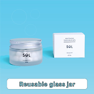 Sol Teeth Whitening Eco Friendly Toothpaste Tablets, Zero Waste Toothpaste Bits, Travel Friendly Reusable Glass Jar, Plastic Free, Vegan, Fluoride Free, Clean Fresh Breath, Mint Flavor Tabs, 60 Tablet