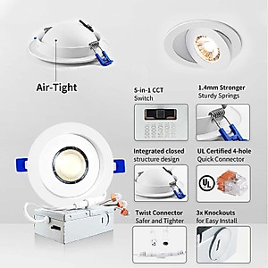 Adetu 4 Inch Gimbal Led Recessed Lights, 360°+90° Adjustable Directional Recessed Lighting, 2700K/3000K/3500K/4000K/5000K Dimmable Retrofit Eyeball Can Lights with Jbox, ETL(White, 6 Pack)
