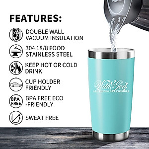 Mothers Day Gifts , With God All Things Are Possible Inspirational Tumblers with Lid & Straw 20 Oz | Insulated Stainless Steel Tumbler Coffee Mug | Best Christian Religious Gifts For Women (Mint)