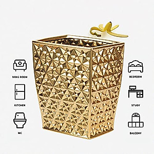 RXLVCKY Ceramic Rectangular Small 2.5 Gallon Trash Can - Wastebasket, Garbage Container Bin for Bathroom, Bedroom, Kitchen, Home Office, and Kids Room, Holds Waste, Recycling - Gold