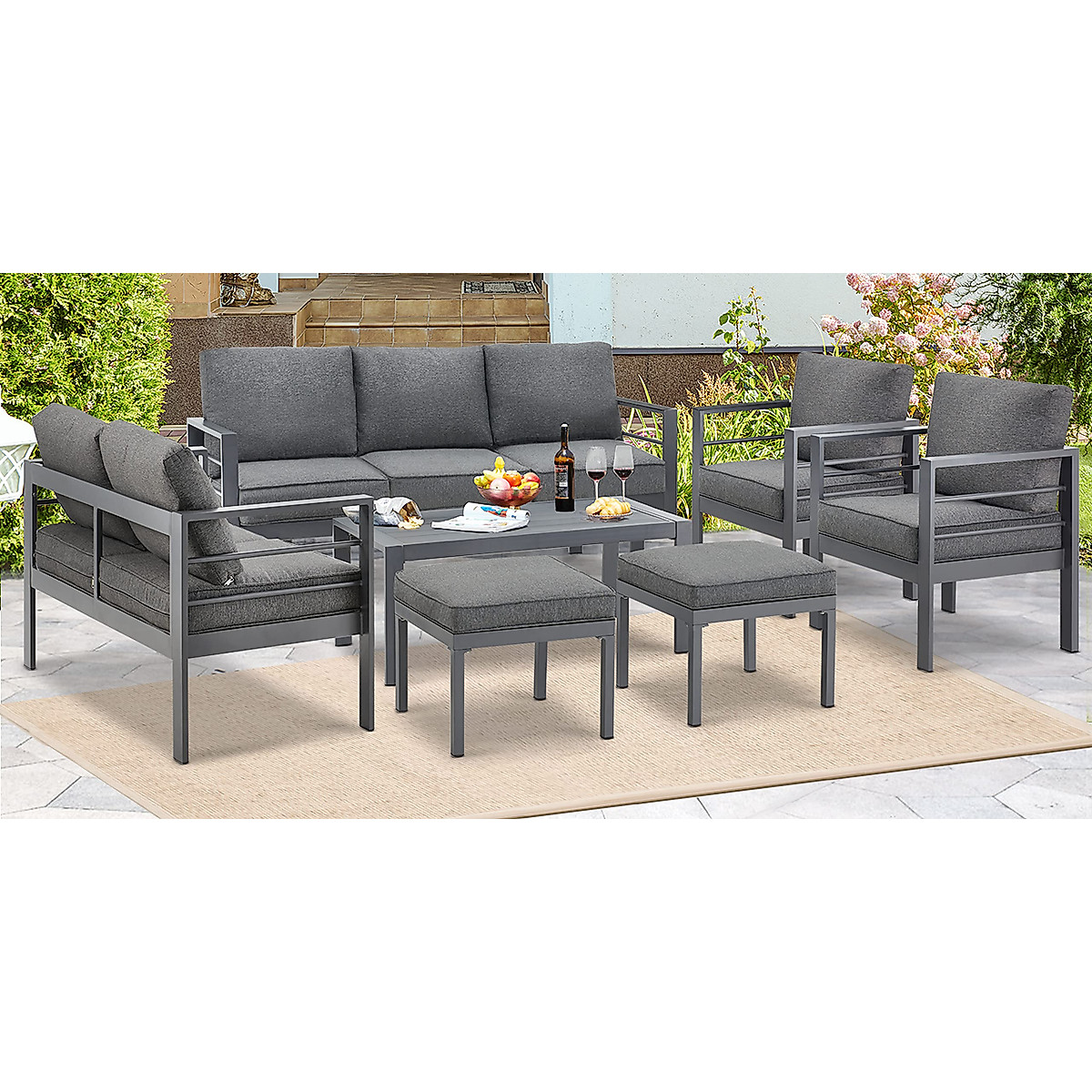AECOJOY Aluminum Modern Patio Furniture with Coffee Table, 7 Pieces Outdoor Conversation Set with Dark Grey Cushions for Balcony, Porch, Lawn and More