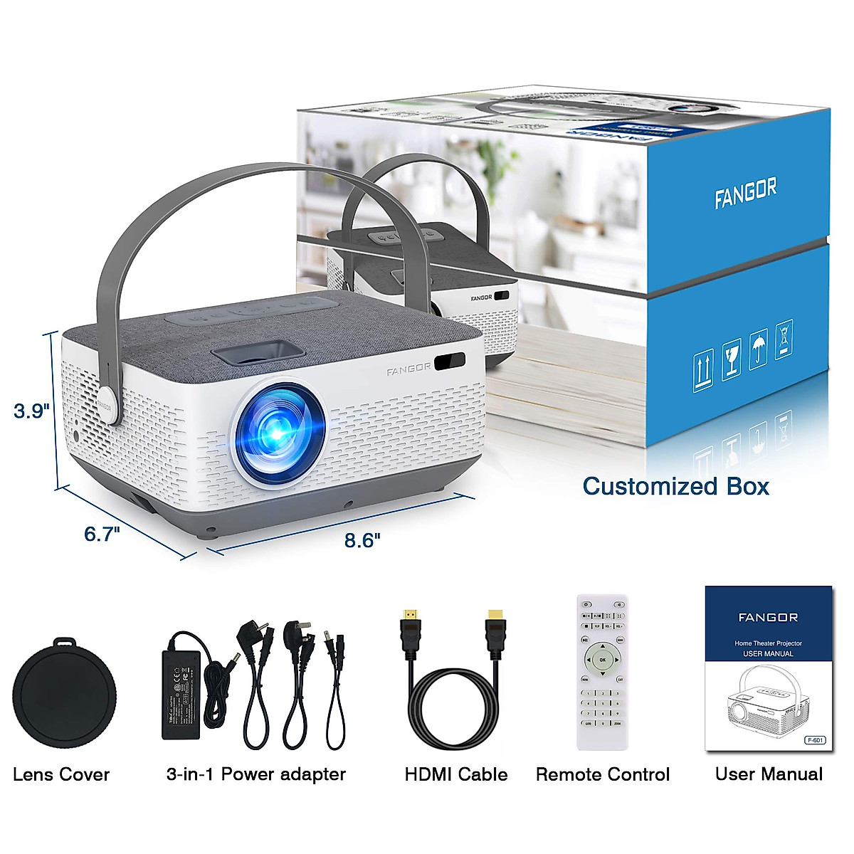 WiFi Projector Bluetooth 8400mAh Battery, Rechargeable Portable Home Projector, FANGOR 1080P Supported Movie Projector with Sync Smartphone Screen via WiFi/USB Cable, Compatible with iPhone, Laptop