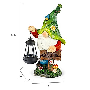 WOGOON Garden Gnome Statue, Resin Figurine with Bright Solar Lantern Lights and Welcome Sign, Outdoor Solar-Powered Illumination Yard Art Decorations for Indoor Outdoor Patio Lawn Garden Room