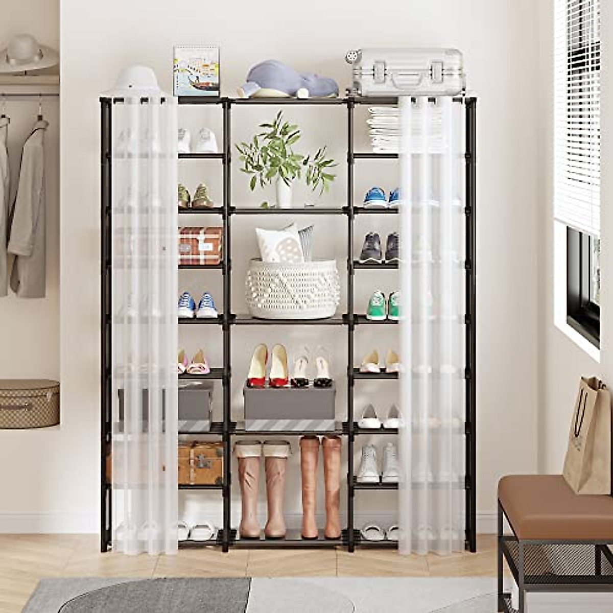 Buzowruil 9-Tier Large Shoe Rack - Metal Shoe Storage Tower with Curtain for Entryway, Holds 50-55 Pairs, Black