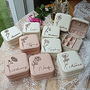 Yofair Personalized Jewelry Box with Birth Flower Custom Leather Travel Jewelry Case Wedding Gifts Bridesmaid Gifts Bachelorette Party Favors for Women Girls