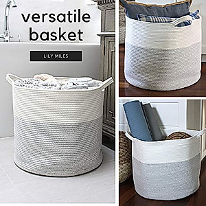 Lily Miles Woven Storage Basket for Blankets - Rope Laundry Basket - Cotton Rope Blanket Basket Living Room - Decorative Round Basket for Kids Toys, Pillows, Towels - Tall Extra Large XXL 18”D x 16”H