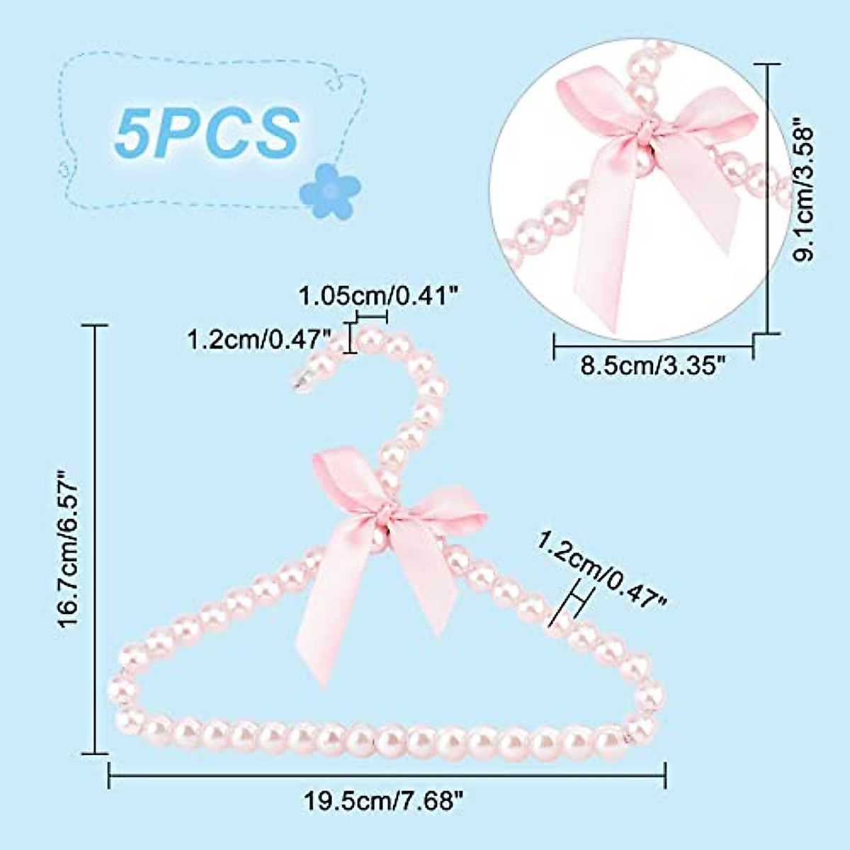 AHANDMAKER 5 Pack Pearl Beads Metal Elegant Clothes Hangers, Small Pet Hanger Plastic Pearl Beaded Clothes Hangers, for Pet Cats and Dogs, Puppet Clothes (Pink)
