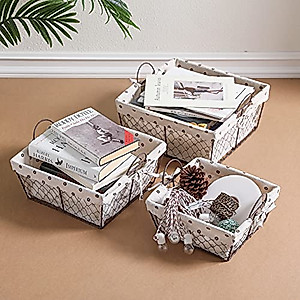 Motifeur Metal Farmhouse Storage Baskets With Removable Liner (Set of 3, White with Floral Pattern) (Short-Set of 3)