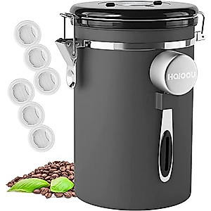 HAIOOU Airtight Coffee Canister, 22OZ Large Stainless Steel Coffee Bean Storage Container with Date Tracker, Measuring Scoop, CO2 Releasing Valves and Mini Tongs for Beans, Grounds and more - Gray