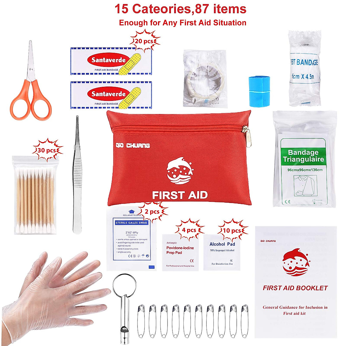 Small Travel First Aid Kit - 87 Piece Clean, Treat and Protect Most Injuries,Ready for Emergency at Home, Outdoors, Car, Camping, Workplace, Hiking.