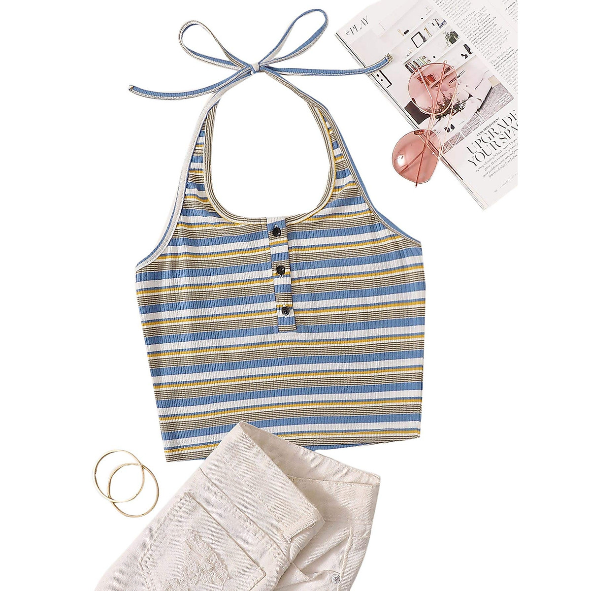 SweatyRocks Women's Casual Sleeveless Vest Halter Crop Top Cami Tank Tops Blue S