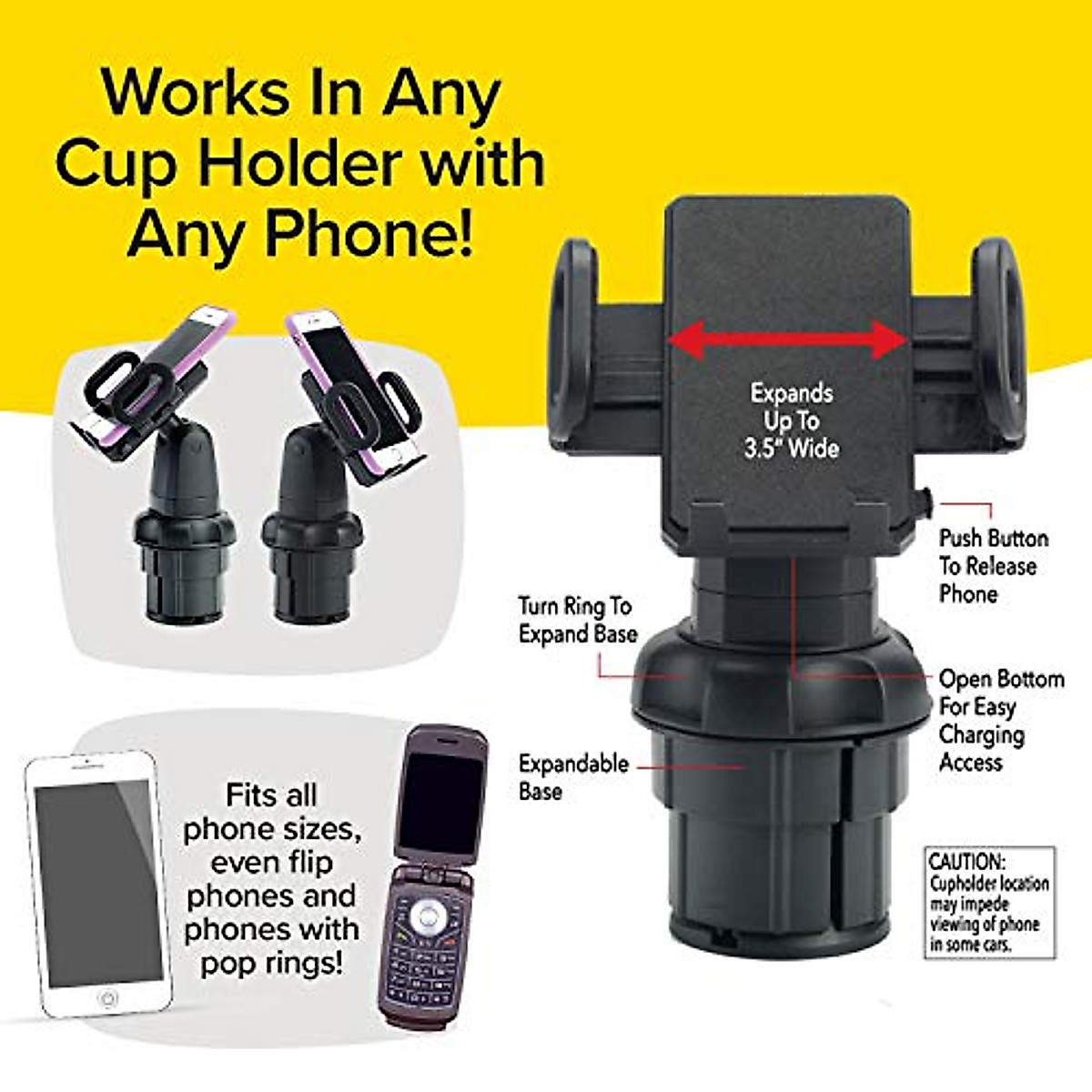 BulbHead Official As Seen On TV Cup Call Cup Holder Phone Mount for Car Adjustable Cell Phone Holder Fits Any Phone in Any Cup Holder - Rotates 360°, Tilts & Moves Left or Right