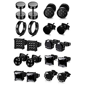 FIBO STEEL 10 Pairs Stainless Steel Black Stud Earrings for Men Women Huggie Earring Ear Piercing Set Hoop