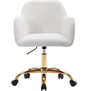 Yoluckea Faux Fur Desk Chair for Women Girl Teen, Home Office Desk Chair with Rolling Wheels, Modern Furry Vanity Chair for Makeup Room Bedroom Living Room, Adjustable Swivel Cute White Desk Chair