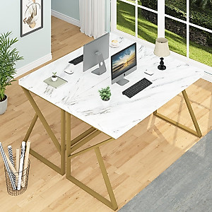 HSH White Faux Marble and Gold Desk, Modern Home Office Executive PC Laptop Computer Desk, Farmhouse Writing Study Work Gaming Table for Bedroom Living Room, Simple Metal Wood Workstation, 55 Inch