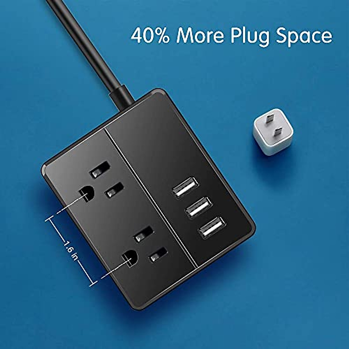 Power Strip with 2 Outlets and 3 USB Ports (1250W/10A), Desktop Charging Station 5 ft Extension Cord, No Surge Protector, Small Size for Home, Indoor, Dorm Room Essentials, Office - Black