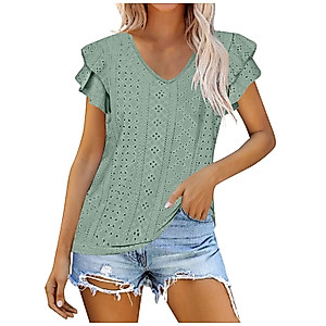 Fashion Tops for Women, Red Tank Top Dressy Crop Tops Women Biker Shorts Sets Women's V Neck T Shirt Summer Hollow Casual Ruffle Sleeve Tops Blouse Work Teen Girls Shirts Pullover (XL, Mint Green)