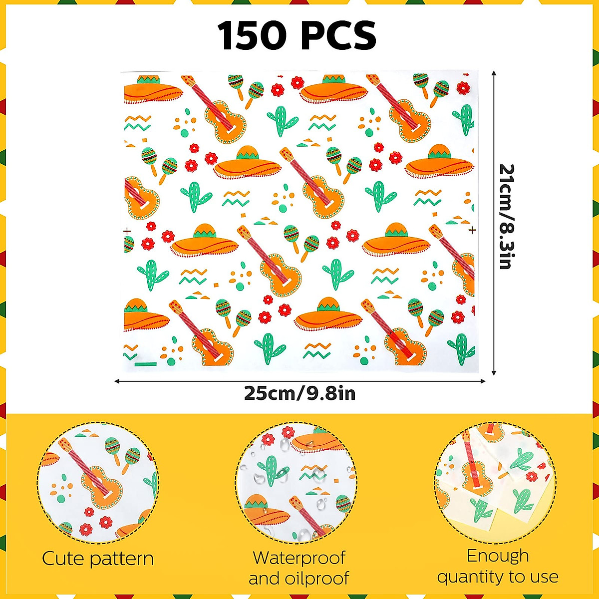 150 Pieces Mexican Wax Paper Sheets Basket Liners Deli Paper Food Sandwich Wrapping Paper Mexican Themed Grease Resistant Tray Liners for Home Baking Party Supplies (Cute Style)