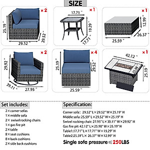 XIZZI Patio Furniture Outdoor Sectional Sofa Swivel Rocking Chairs 11 Piece All Weather PE Rattan Wicker Conversation Sets with Fire Pit Table for Backyard Deck Garden,Denim Blue