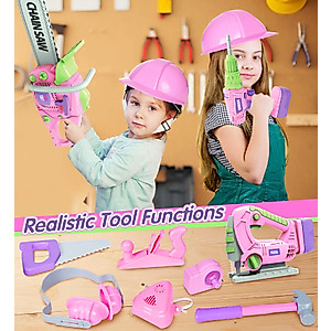Kids Tool Set with Electric Toy Drill Chainsaw Jigsaw Toy Tools for Girl, Realistic Kids Power Construction Pretend Play Tools Set Toddler Toys Playset Kit for Toddler Boy Girl Kid Child Tool Toy Pink