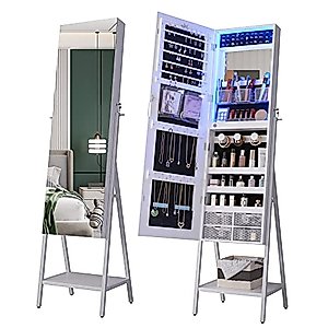 HNEBC Jewelry Cabinet Armoire with Lights,Lockable Jewelry Organizer Standing 47.2''Full-Length MirrorJewelry Boxes for Women Mirror with Jewelry Storage,Built-in LED Makeup Mirror/Drawer(White)