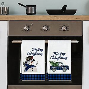 AnyDesign 4 Pack Merry Christmas Kitchen Towel 18 x 28 Inch Blue Black Buffalo Plaids Dish Towel Snowman Truck Xmas Tree Tea Towel Rustic Hand Drying Towel for Cooking Baking