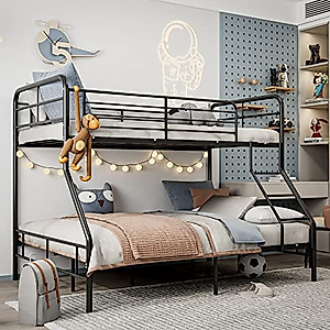 IKIFLY Metal Twin Over Full Bunk Bed, Heavy Duty Bunk Bed Frame with Safety Guard Rail & Ladder, Space-Saving Design/Noise Free/for Kids, Teens & Adults/No Box Spring Needed - Black