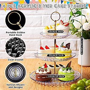 9 Pcs Acrylic Cake Stand Set Including 4 Pcs 3 Tier Cupcake Tower 4 Pcs Round Dessert Trays 1 Pcs Cake Pedestal Stand Dessert Table Cupcake Holder for Birthday Wedding Baby Shower Party Decoration