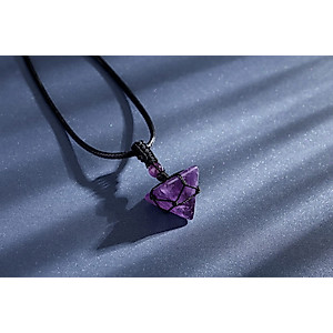 YATOJUZI Amethyst Healing Crystal Necklace Pointed Pendant Necklaces Adjustable Rope Natural Pyramid Gemstone Stone Necklace Reiki Quartz Jewelry for Women Men
