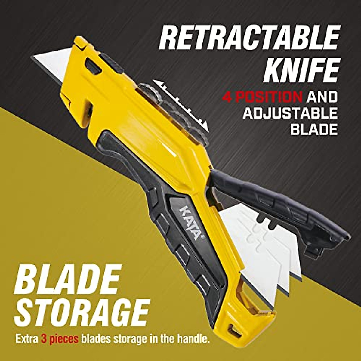 KATA 2Pack Utility Knife Box Cutter Retractable Folding Razor Knife Set Heavy Dudy Safety Cutter, 10pcs SK5 Sharp Blades Included, Yellow