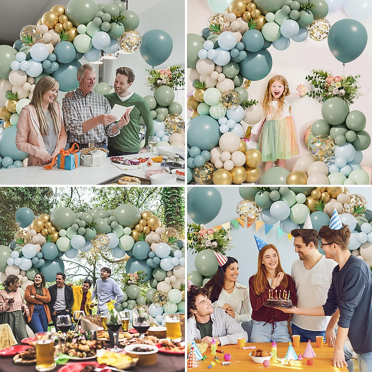 Bonropin 172pcs Dusty Blue Green Balloon Garland Arch Kit with Haze Fog Blue Ash Mist Sage Green Sand White Gold Confetti Balloons for Baby Shower Wedding Bridal Boho Birthday Party Decorations