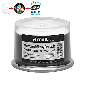 50 Pack Ritek Pro (Professional Grade) DVD-R 16X 4.7GB AZO Dye (MID MXL RG04) Watershield Water Resistant Glossy White Inkjet Hub Printable Blank Recordable Disc