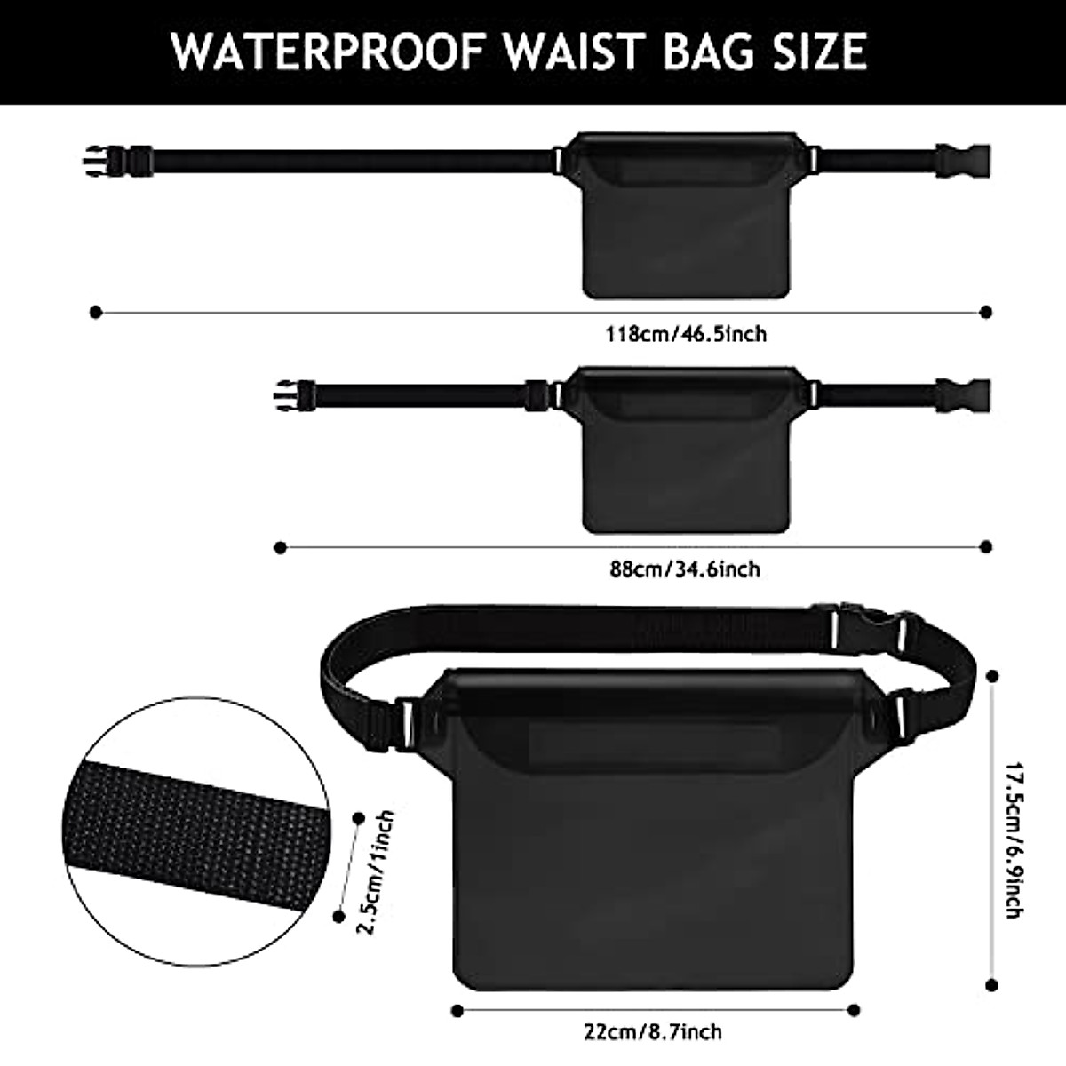 Hatisan Waterproof Pouch with Waist Strap, Waterproof Fanny Pack Keep Phone Valuables Safe and Dry Beach Accessories for Vacation Boating Swimming Snorkeling Kayaking Pool(2 Pack,Black)