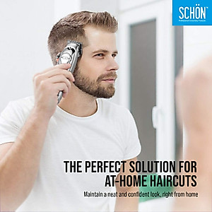 SCHON Cordless Rechargeable Hair Clipper and Trimmer for Men, Women, Children - Solid Stainless Steel Electric Buzzer with Precision Blades, Hair Cutting Kit with 8 Color-Coded Guide Combs