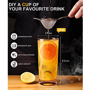 LUNA & MANTHA Drinking Glasses Highball Glasses Set of 6, Water Glasses 16oz, Wide Mouth Design Lead-Free Crystal Glassware, Cocktail Glasses Drinking Set, Tall Glass Cups for Mojito and Tom Collins