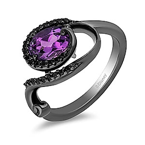 Jewelili Enchanted Disney Fine Jewelry Black Rhodium over Sterling Silver 8x6 MM Oval Shape Amethyst and 1/5 Cttw Treated Black Diamond Ursula Ring, Size 7