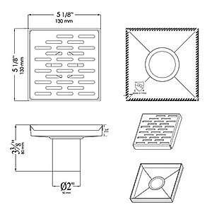 ALFI brand ABSD55C 5" x 5" Modern Square Stainless Steel Shower Drain with Groove Holes, Silver