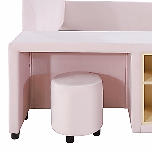 Velvet Upholstered Grounded Bed Platform Bed, Wooden Queen Size Mother & Child Bed Frame with Bedside Desk and Little Round Stool, Kids Adults Bedroom Furniture Floor Bed Platform Bed (Pink Bed)