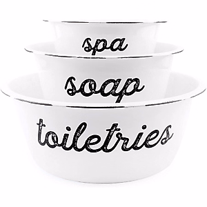 AuldHome Enamelware Spa Basin Set (Set of 3); White Rustic Farmhouse Decor Spa Bowls for Bathroom Storage and Home Decor