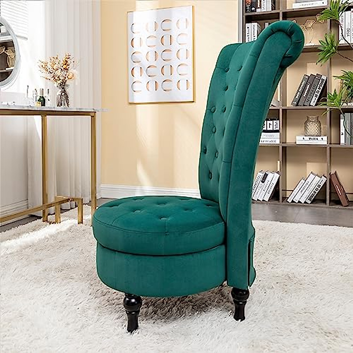 Container Furniture Direct Royal High-Back Velvet Accent Chair for Vanity with Storage and Luxurious Upholstery, Retro Design and Versatile Usage for Living Room, Bedroom, Lounge and Office, Green