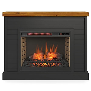 Bridgevine Home Washington Modern Farmhouse Electric Fireplace with Mantel, 48 inches, Poplar and Knotty Alder Solid Wood, Black and Whiskey Finish