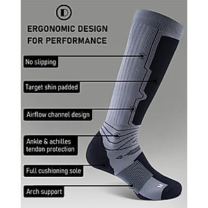 SITOISBE Men's Ski Socks Merino Wool (Pack of 2) for Skiing, Snowboarding, Snow Boots, Winter Warm, Toe Thermal, Shin Padded, Comfy Cushion, Knee High, Cold Weather Long Socks, X-Large, Grey